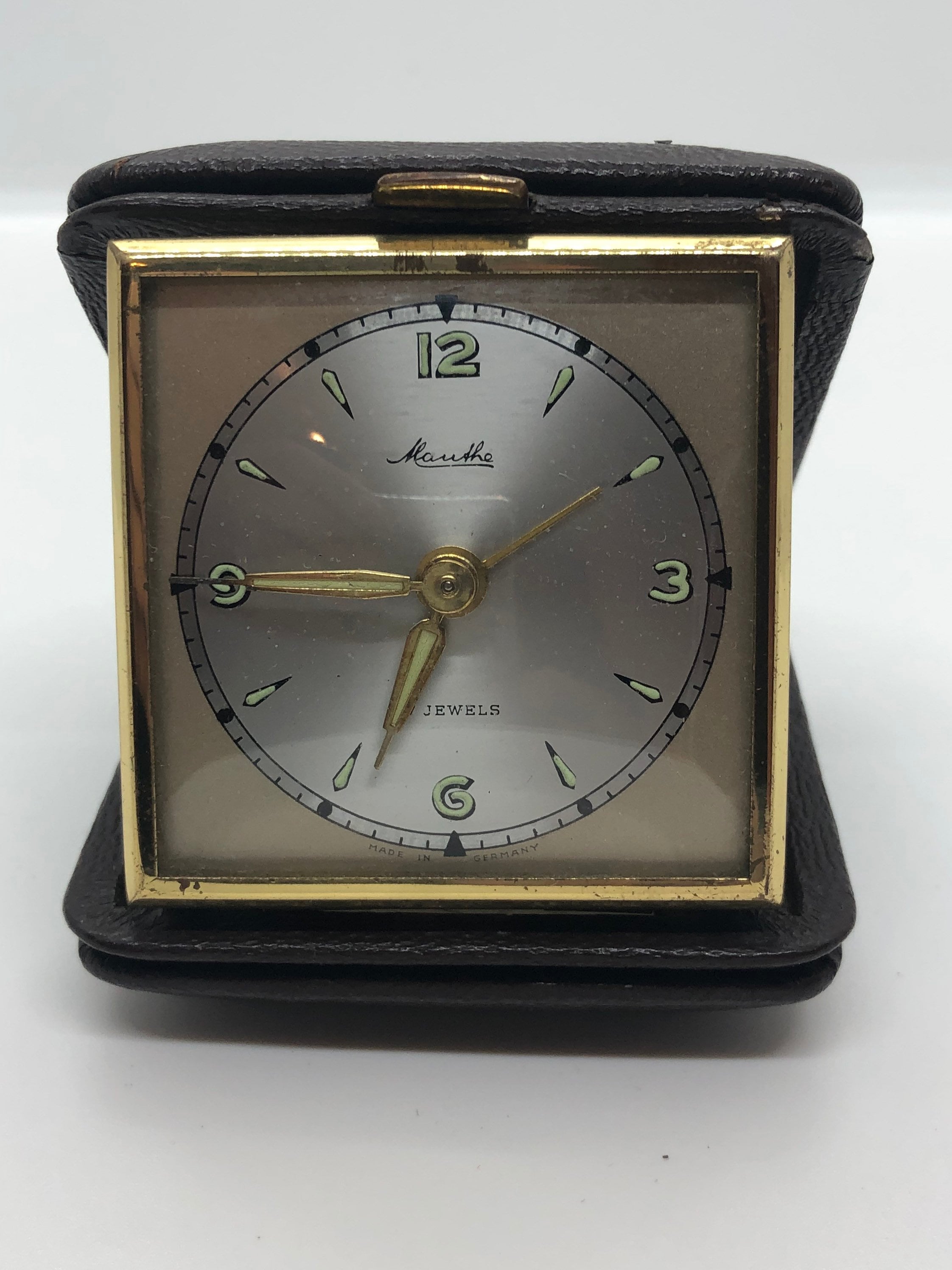 A Vintage Square Mauthe 7 Jewel German Made Travel Clam Shell Style ...