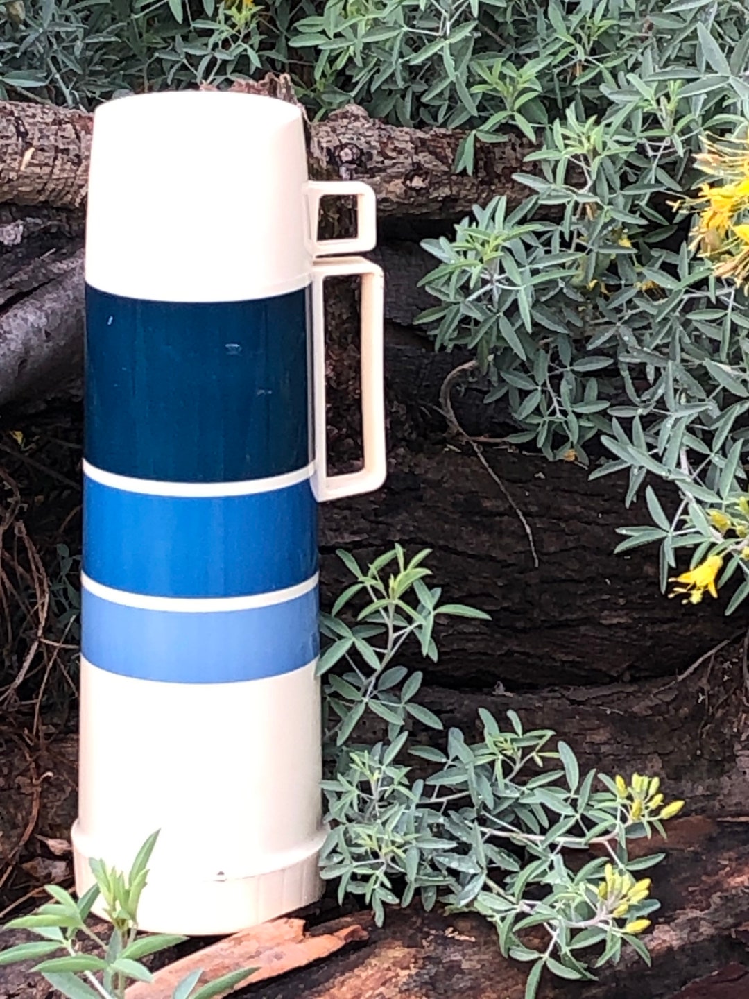 Tall Vintage Three Piece Thermos Blues and White Plastic With Handle ...