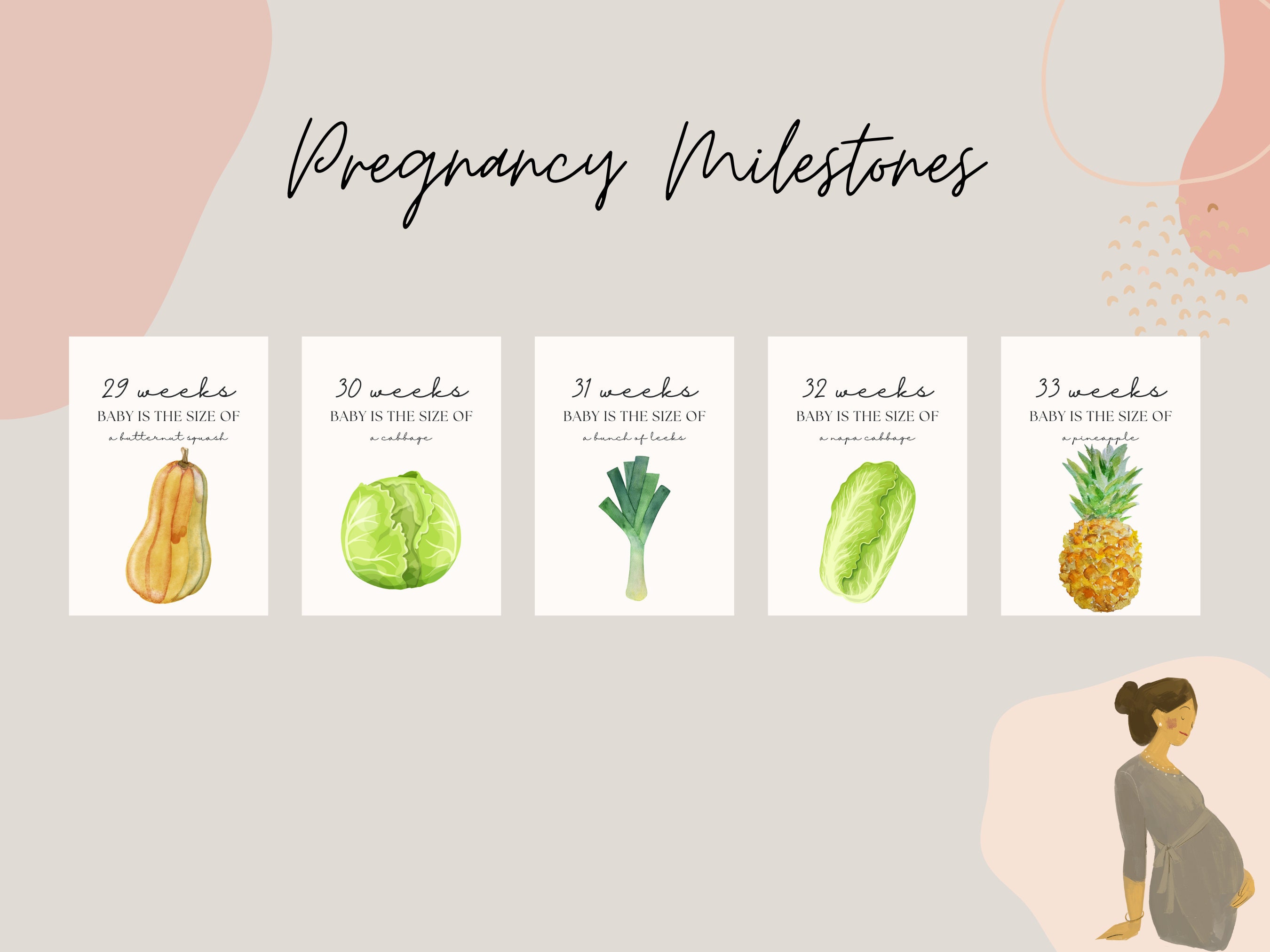 Pregnancy Milestones Cards, Bump Size Cards, Fruits and Vegetables ...