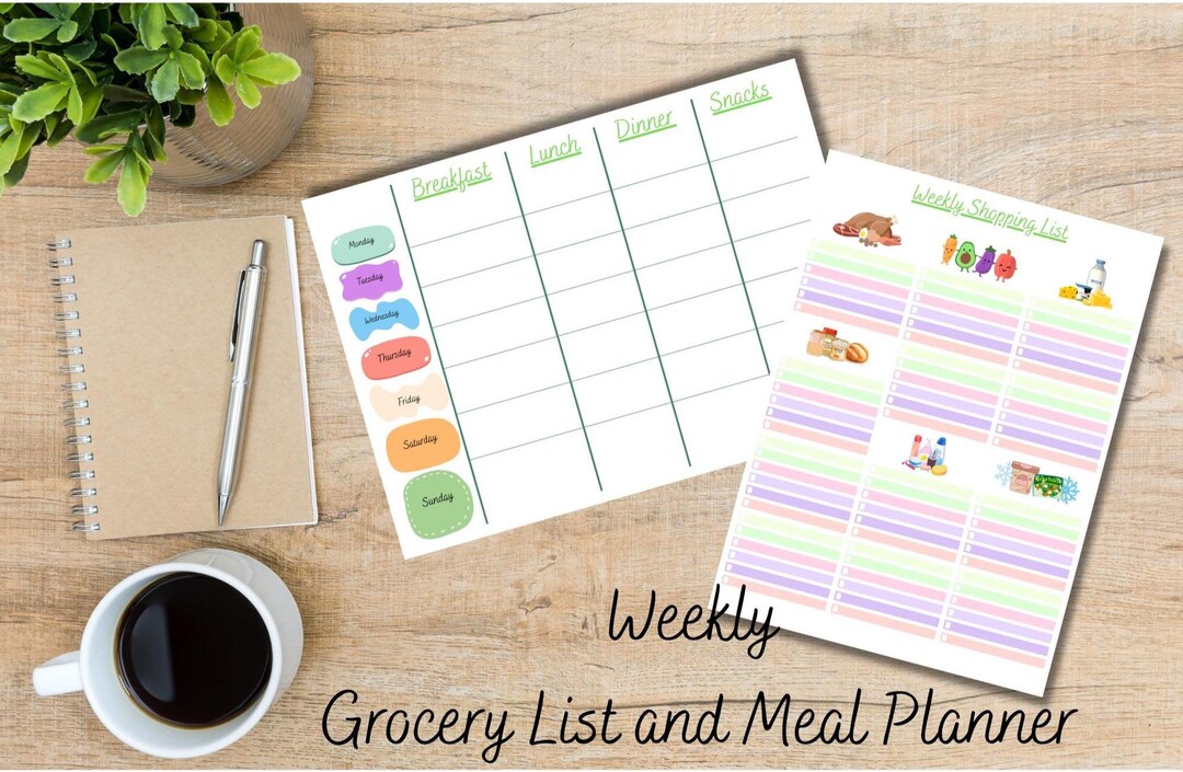 Printable Weekly Grocery List and Meal Planner, Blank Grocery and Meal ...
