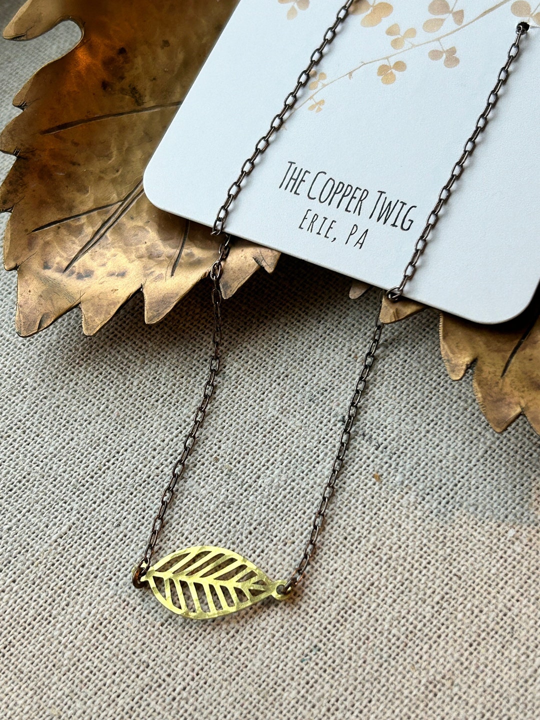 Necklace Antiqued Natural Brass Chain, Tiny Hammered Raw Brass Leaf ...
