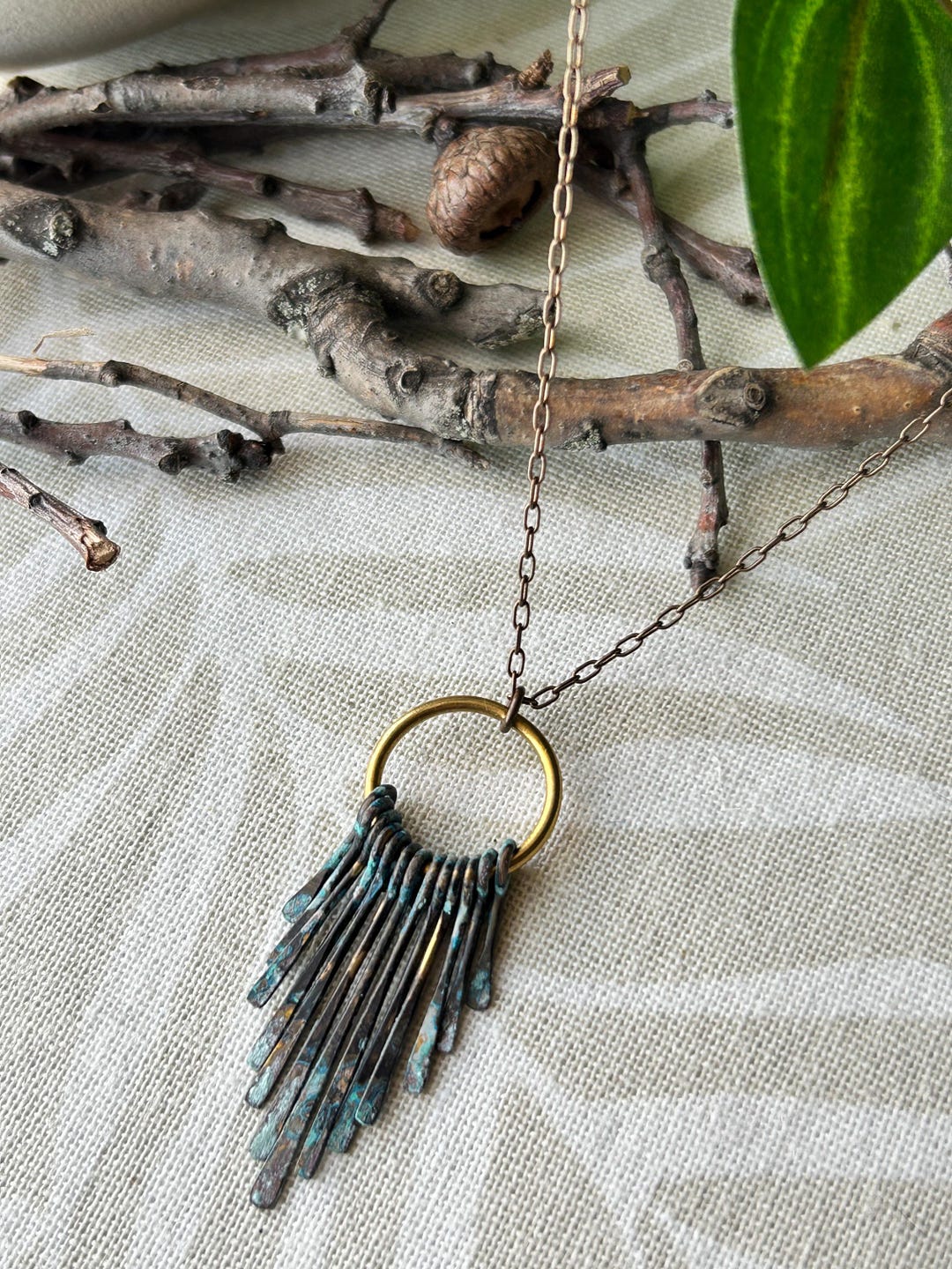 Necklace - Antiqued Natural Brass Chain, Raw Brass Ring, Oxidized Brass ...