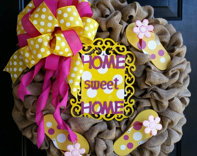 Home Sweet Home Burlap Wreath, Flip Flop Burlap Wreath, Summer Wreath ...