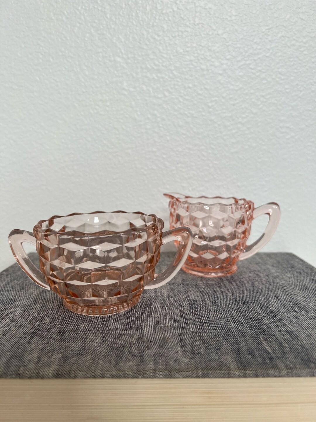 Vintage Jeannette Glass Cube Pattern Pink Depression Glass Sugar Bowl ...