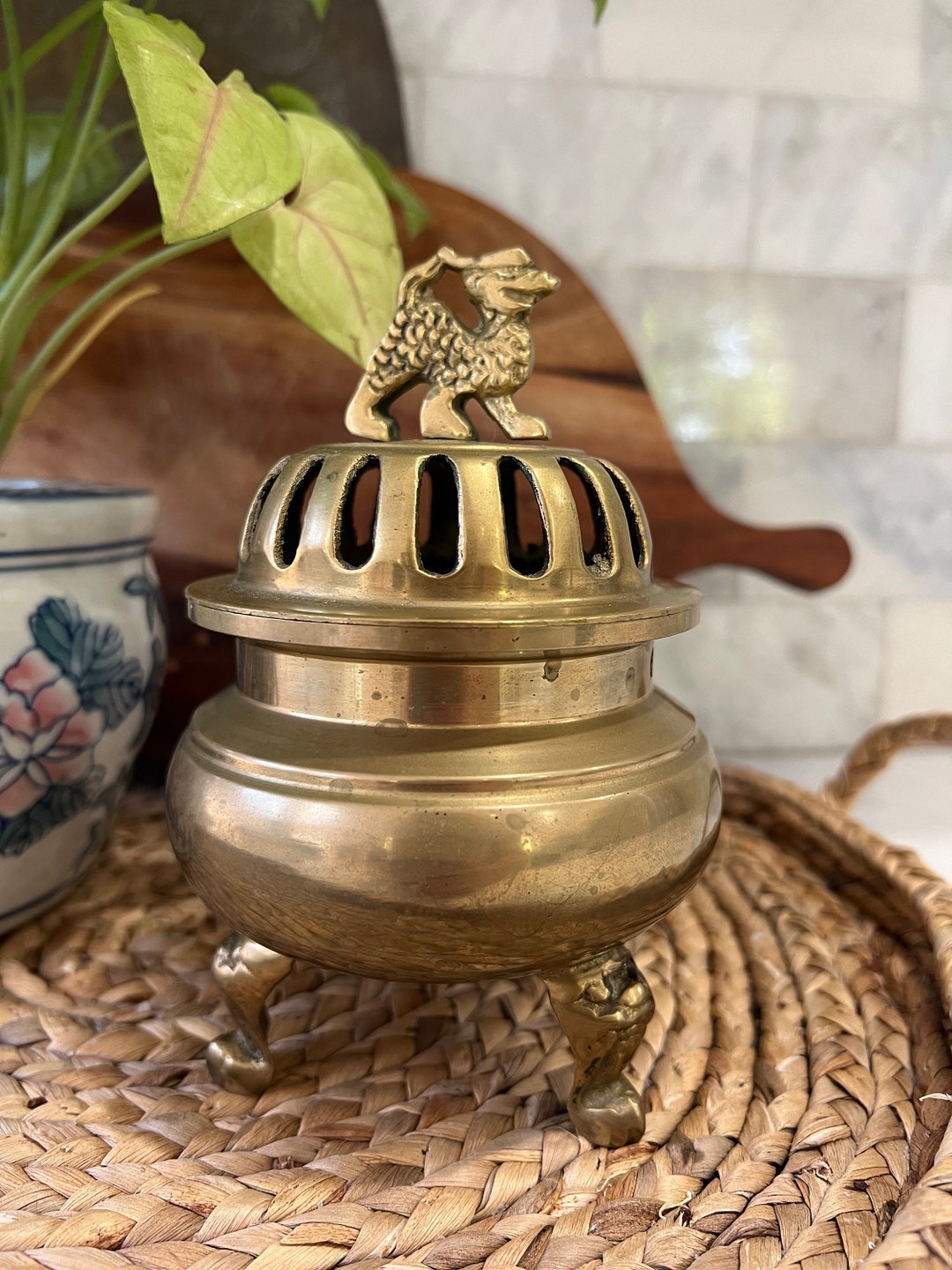 Solid Brass Chinese Censer Pot Incense Burner | Vintage Foo Dog Footed ...