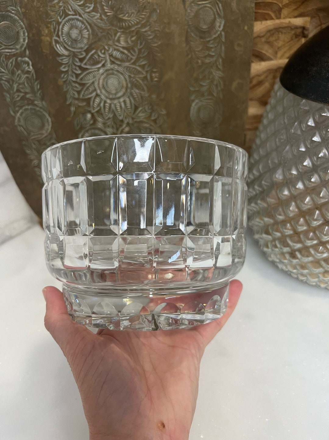 Vintage Cut Crystal Bowl With Geometric Emerald Pattern - Stunningly ...