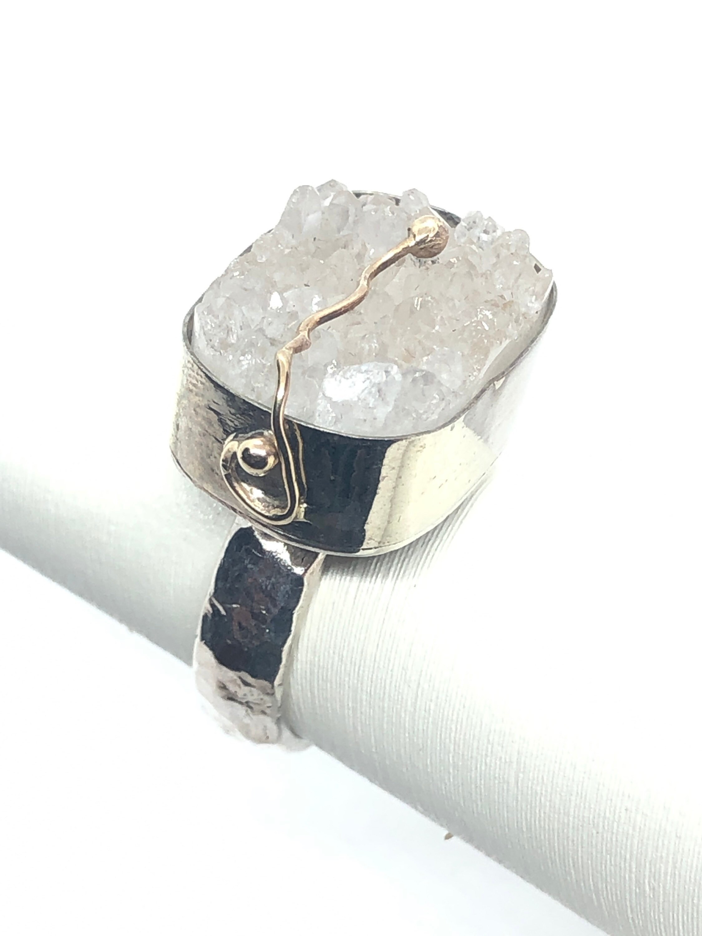 Handmade Rock Crystal Ring: Silver & Gold, Hammered Finish - Etsy