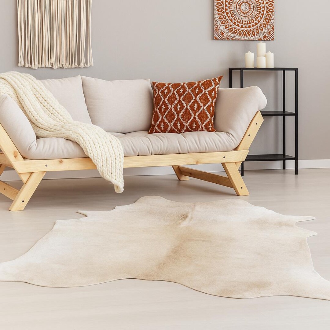 Light Beige Cowhide Rug | Boho Living Room Makeover With Natural ...