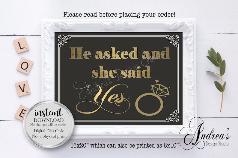 Engagement Sign, He Asked She Said Yes Sign, Black and Gold Theme ...