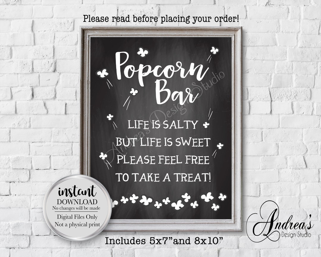 Popcorn Bar Chalkboard Sign, Wedding Signs, Birthday Signs, Treat Sign ...