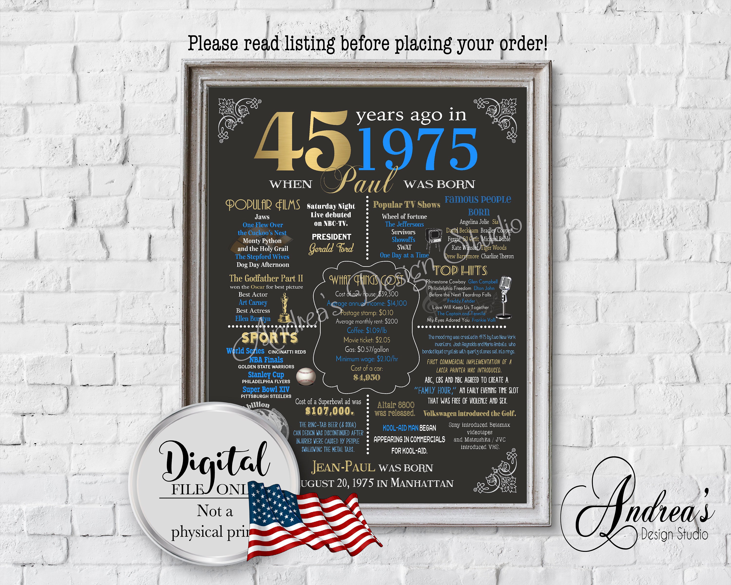 Personalized 45th Anniversary Chalkboard Poster 1975 Events & - Etsy