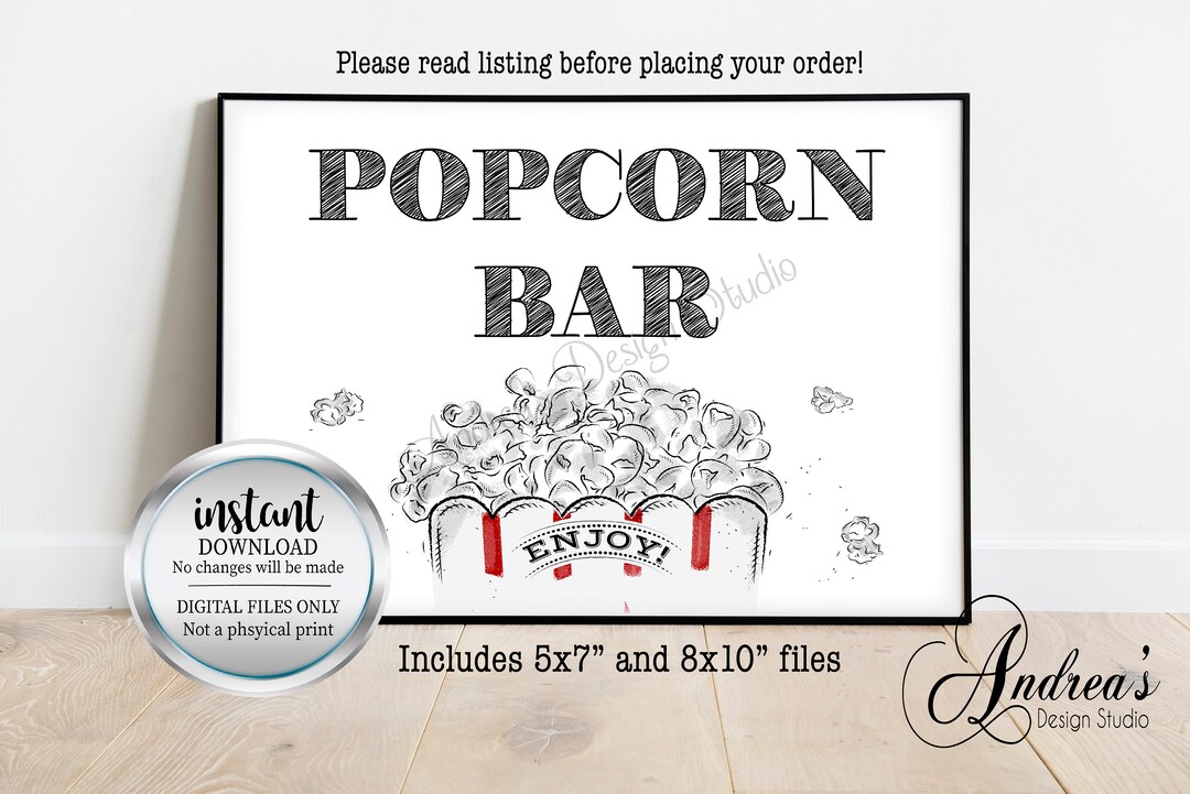 Black and White Popcorn Bar Sign, Monochrome Party Decor, Popcorn ...