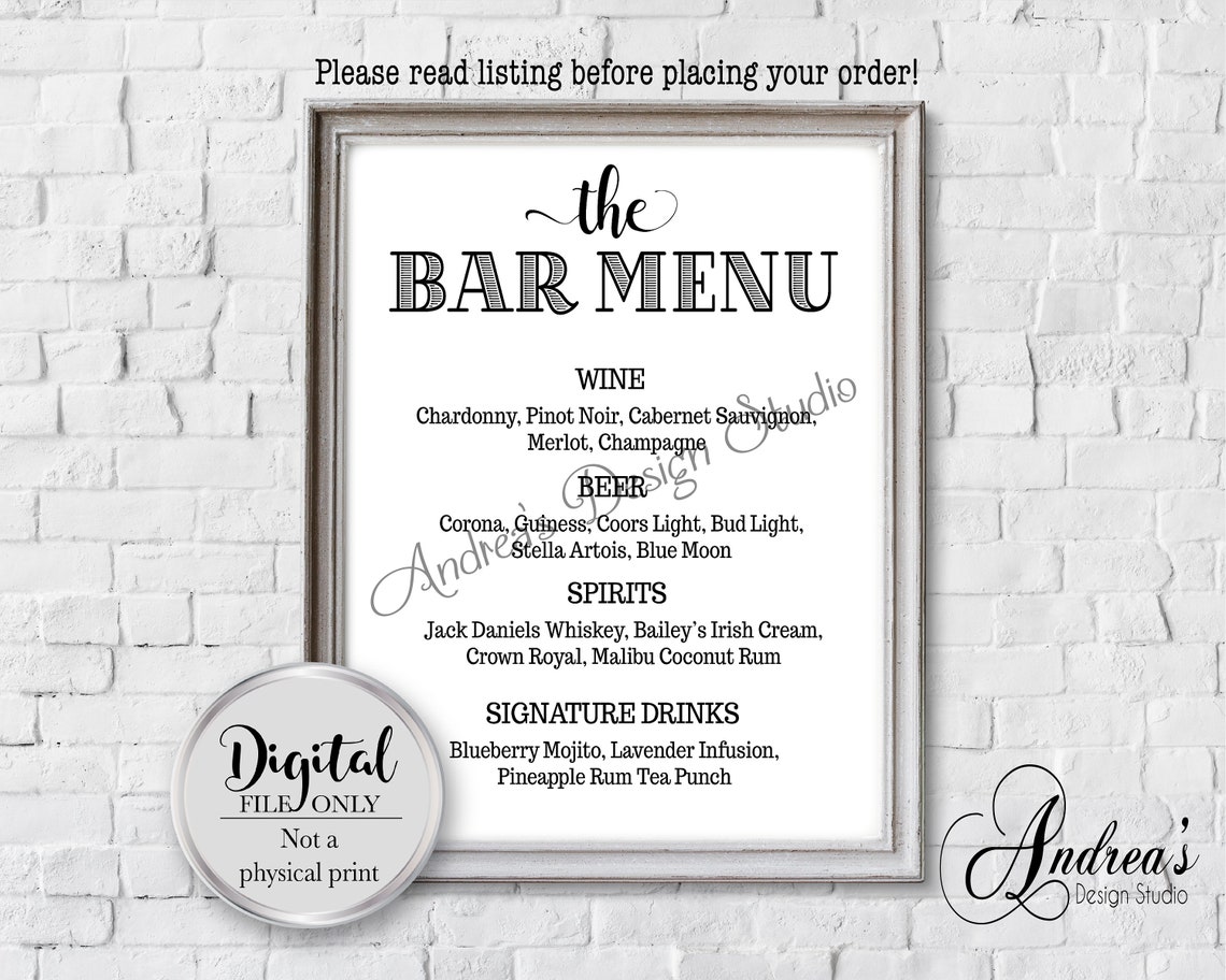 The Bar Menu Wedding Bar Menu Printable Bar Menu Bar Menu - Etsy