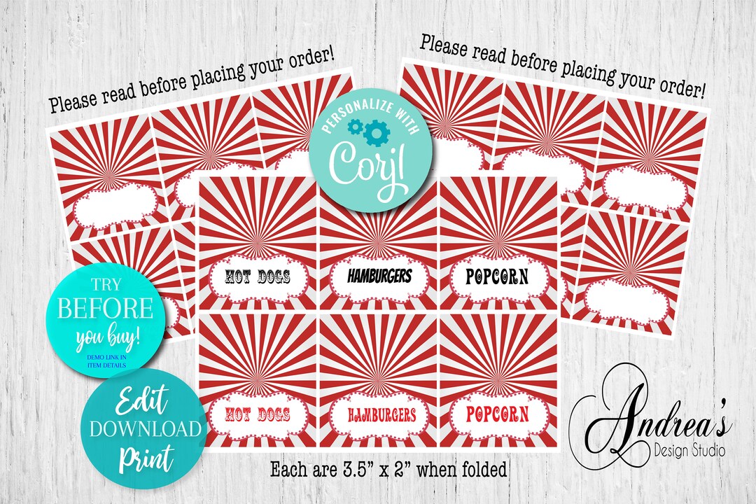 EDITABLE Carnival Party Food Table Labels Carnival Theme - Etsy