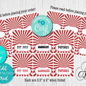 EDITABLE Carnival Party Food Table Labels Carnival Theme - Etsy