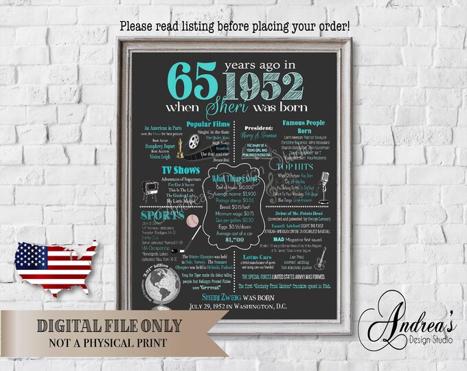 Personalized 65th Birthday Chalkboard Poster, 1952 Events & Fun Facts ...