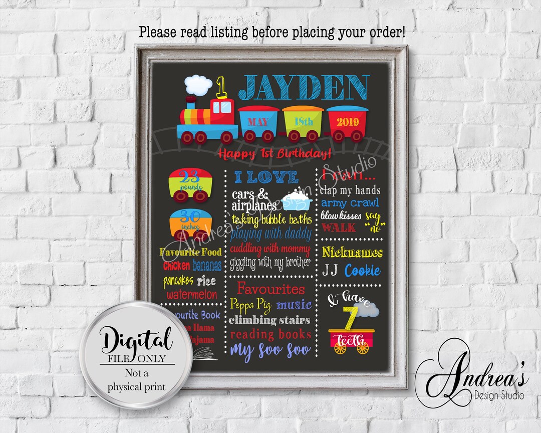 Train Themed First Birthday Chalkboard Poster, Children's Milestones ...