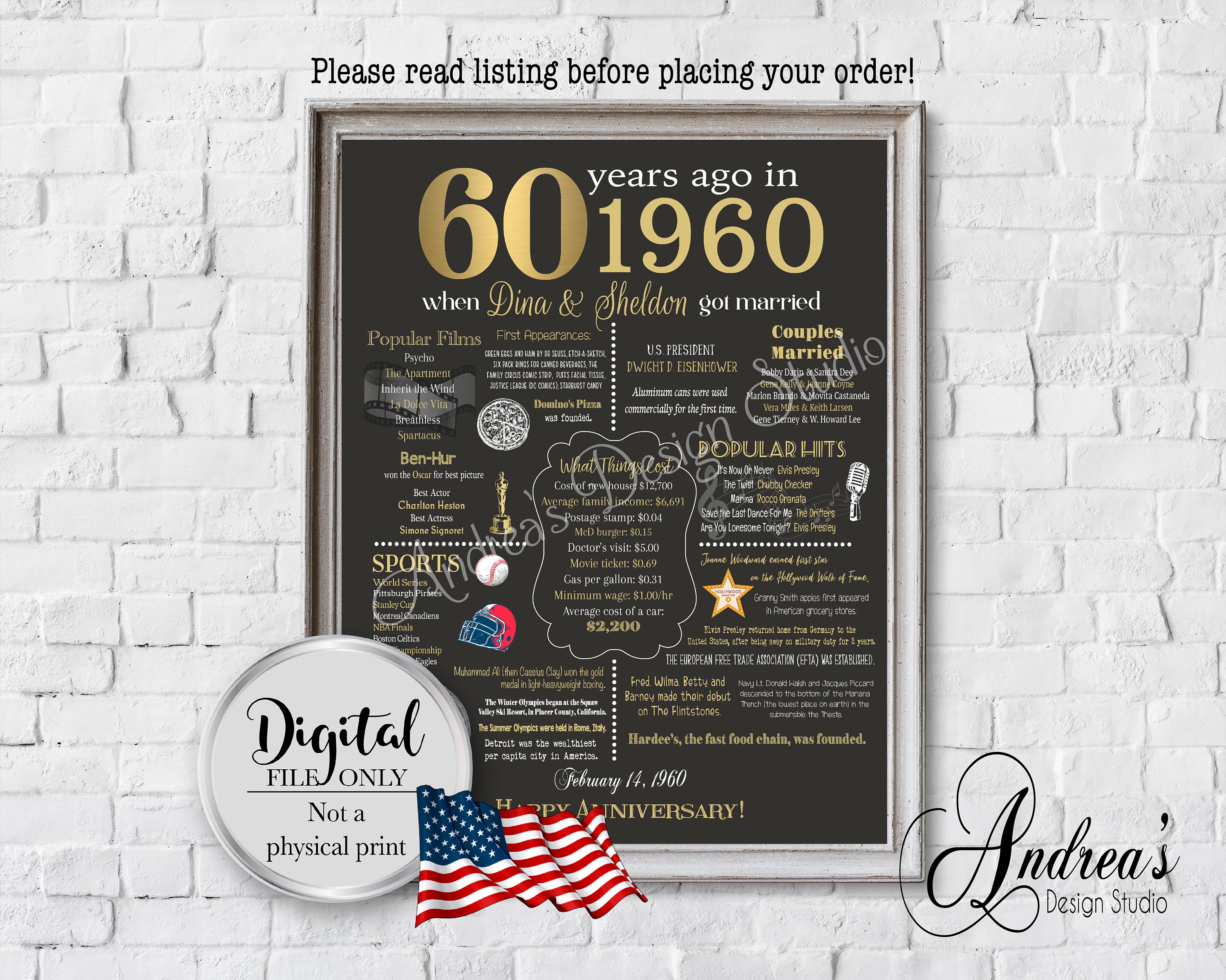 Personalized 60th Anniversary Chalkboard Poster, 1960 Events & Fun ...