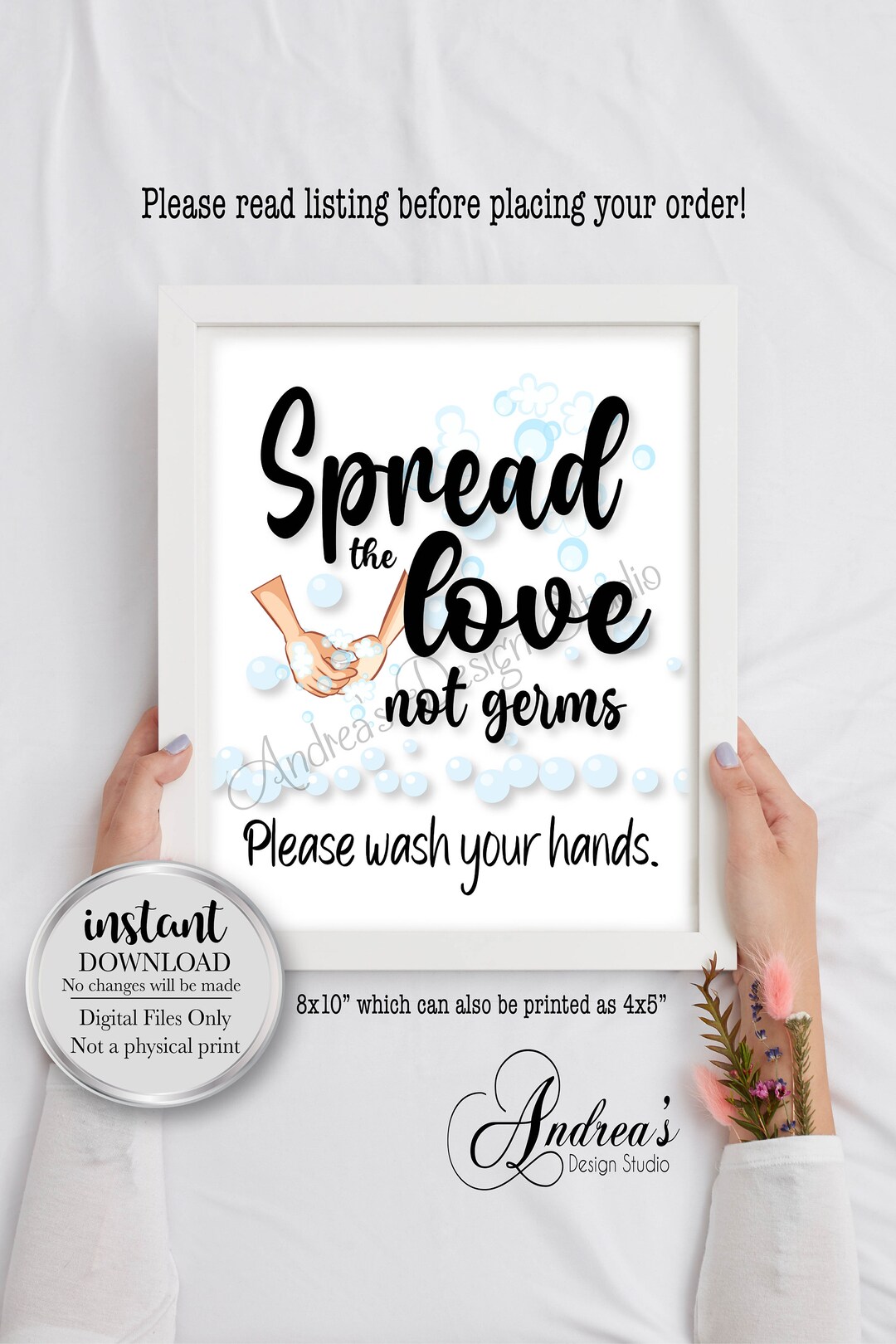 Spread Love Not Germs Sign, Hand Washing Sign, Bathroom Decor, Hand ...