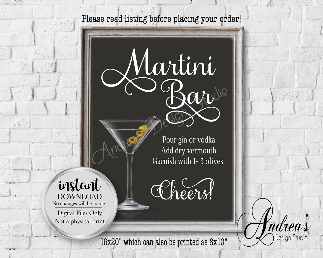 Martini Party Bar Sign, Martini Recipe Sign, Chalkboard Style Printable ...