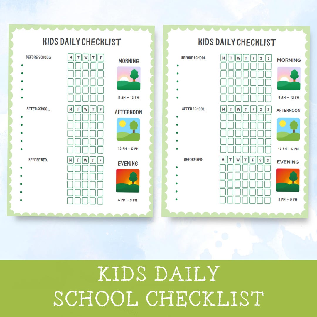 Kids School Checklist, Daily Routine Planner (printable PDF) - Etsy