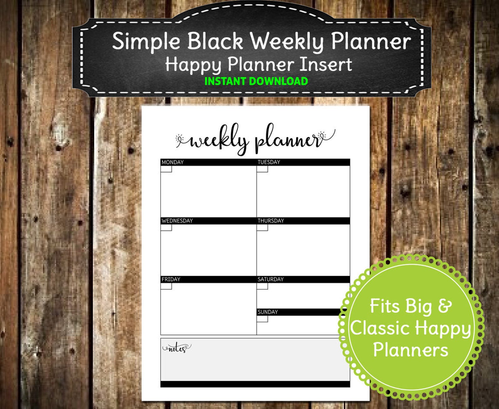 Simple Black PRINTABLE Weekly Blank Planner Pages / Big & Classic Happy ...