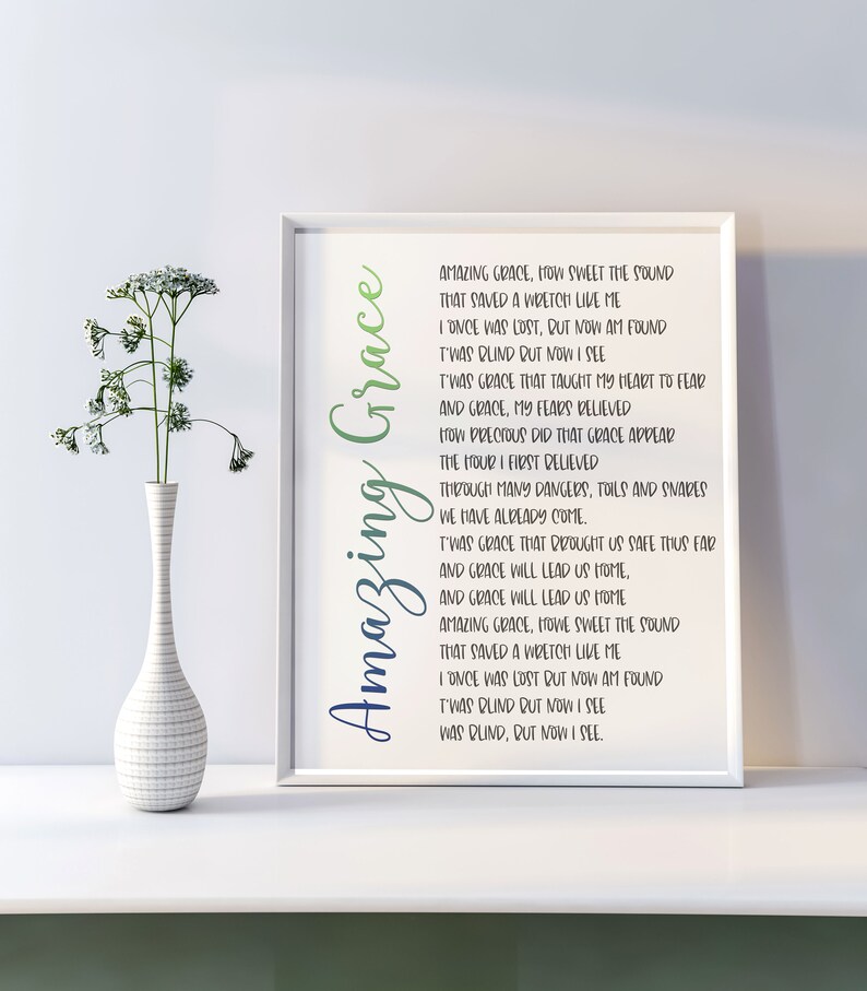 Amazing Grace Song Lyrics Christian Hymn Art Print Inspirational Print ...
