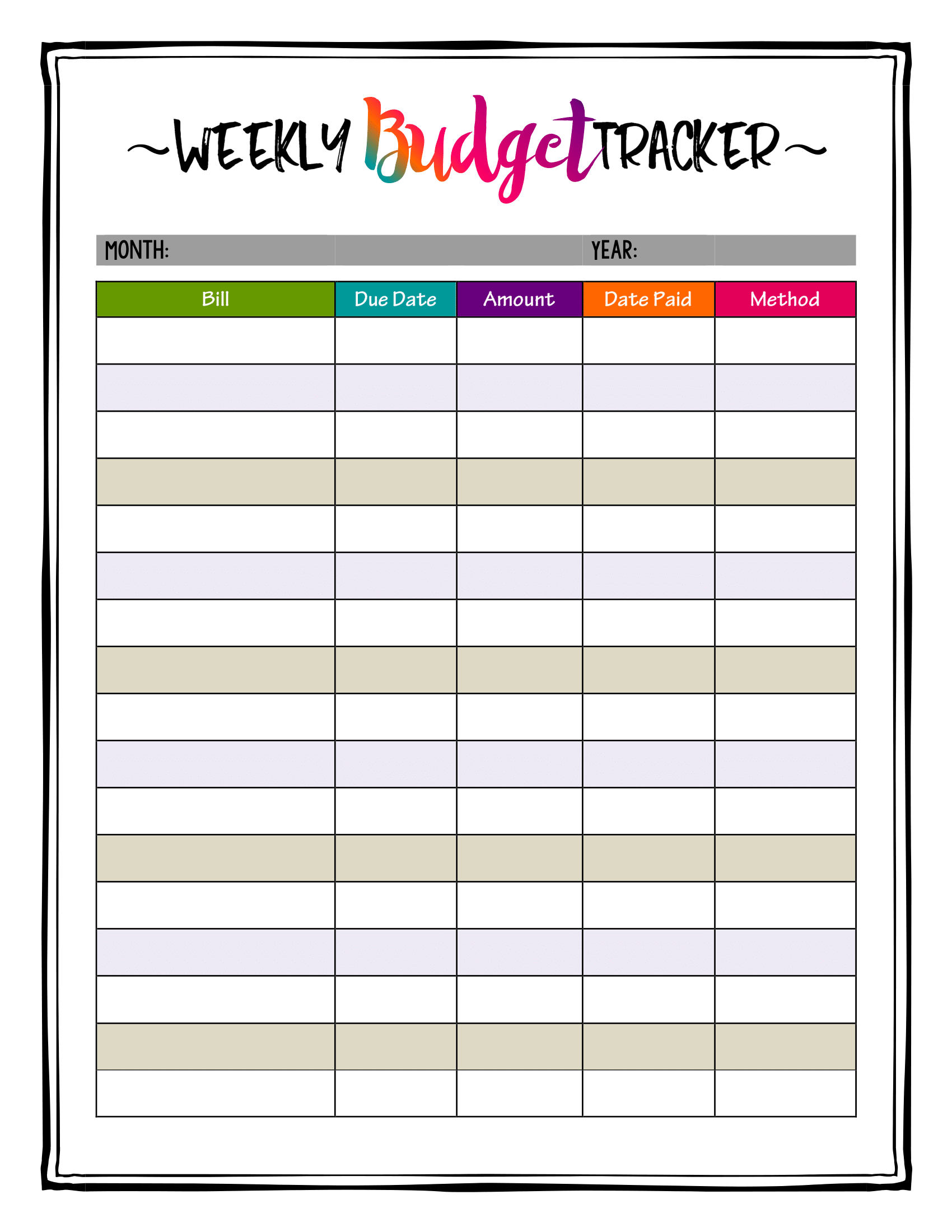Weekly Budget Planner PRINTABLE | Bill Payment Planner Insert | Big ...