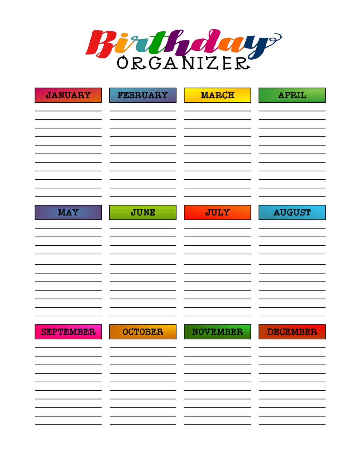 Colorful Rainbow Birthday List Organizer Insert PRINTABLE Birthday Card ...