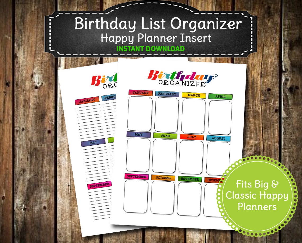 Colorful Rainbow Birthday List Organizer Insert PRINTABLE Birthday Card ...
