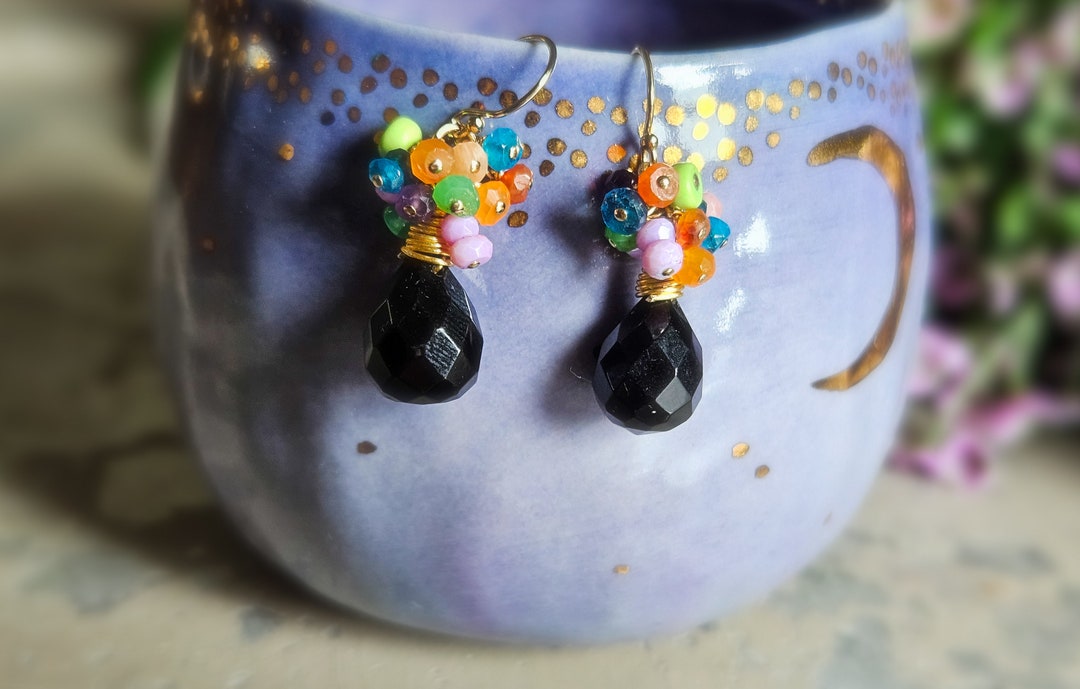 Cluster Mixed Gem Earrings, Cluster Dangle Gemstone, Colorful Dangle ...
