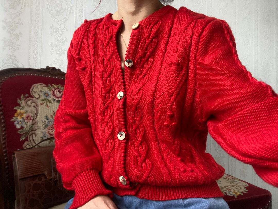 Vintage Red Folklore Wool Knit Cardigan/ M - Etsy