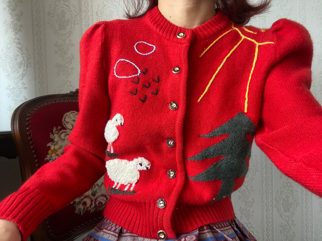 Vintage Red Wool Hand Knit Folklore Cardigan/ XS - S - Etsy