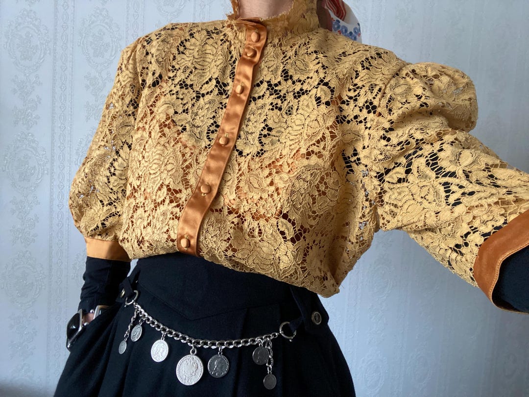 Vintage Yellow Gold Floral Lace Blouse/ L - Etsy