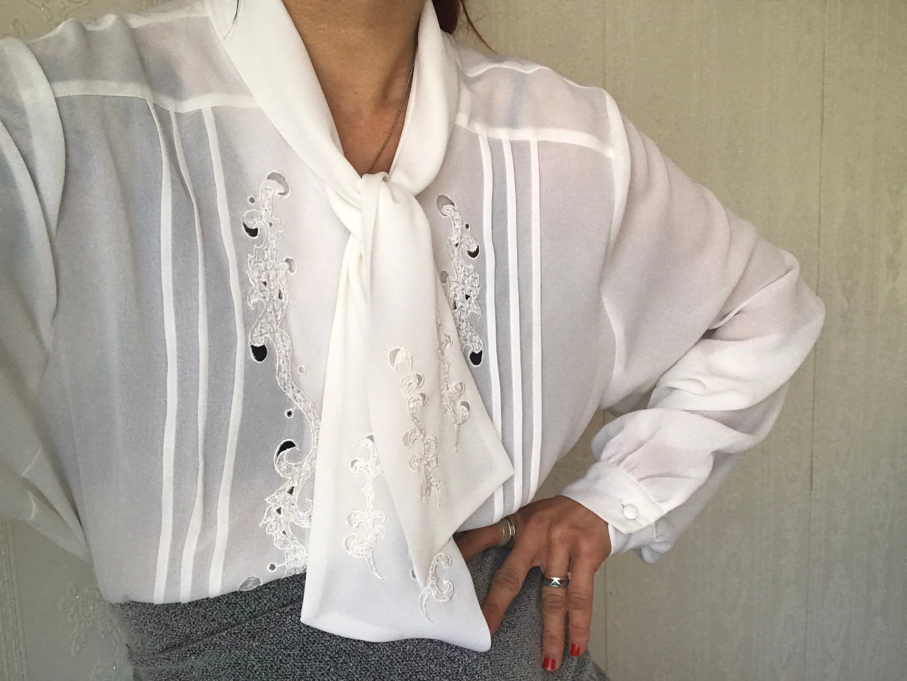 Vintage White sheer Chiffon embroidered Floral Blouse/ Top/ L | Etsy