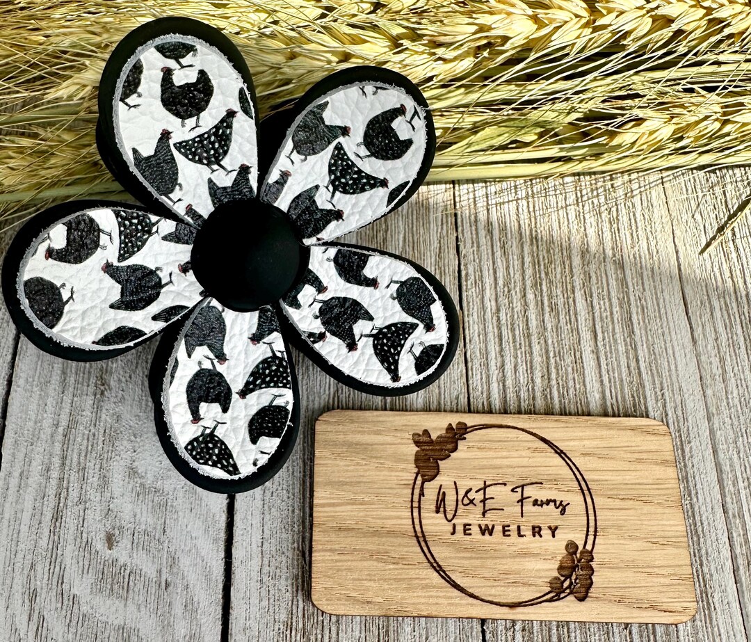Chickens on Black & White Leather Flower Hair Claw Clip - Etsy