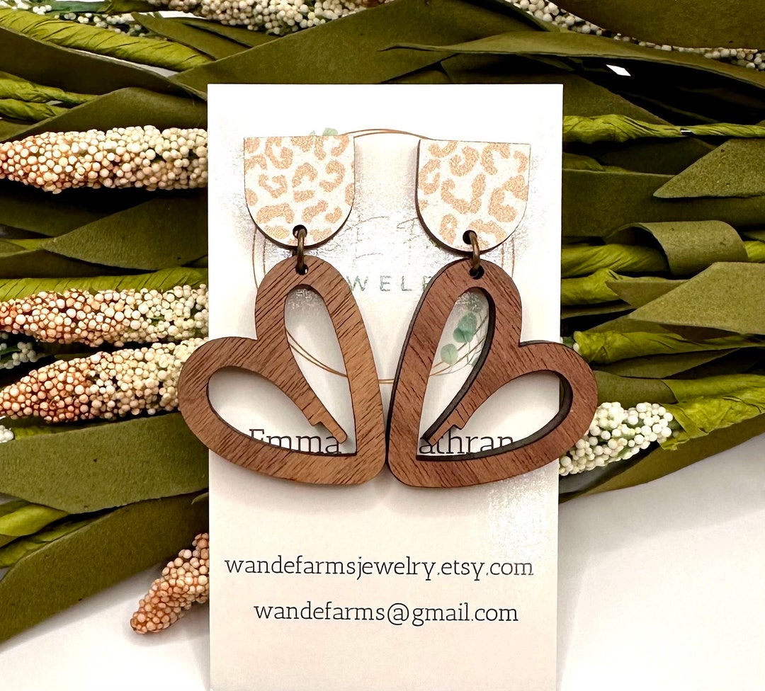Neutral Leopard Print and Wooden Heart Earrings - Etsy