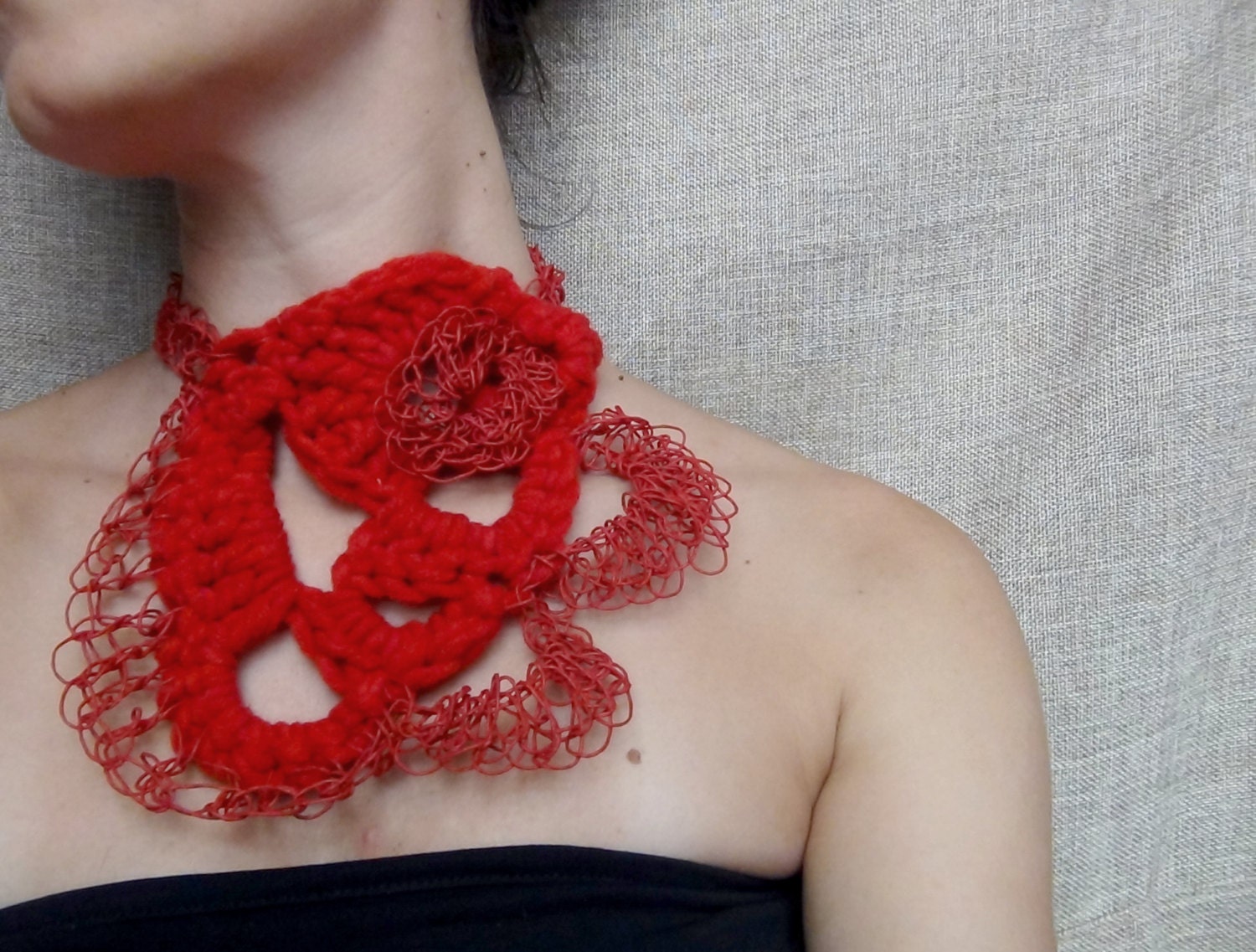 Paper Yarn Necklace, Red Necklace, Wool Yarn Jewelry, Yarn Necklace ...