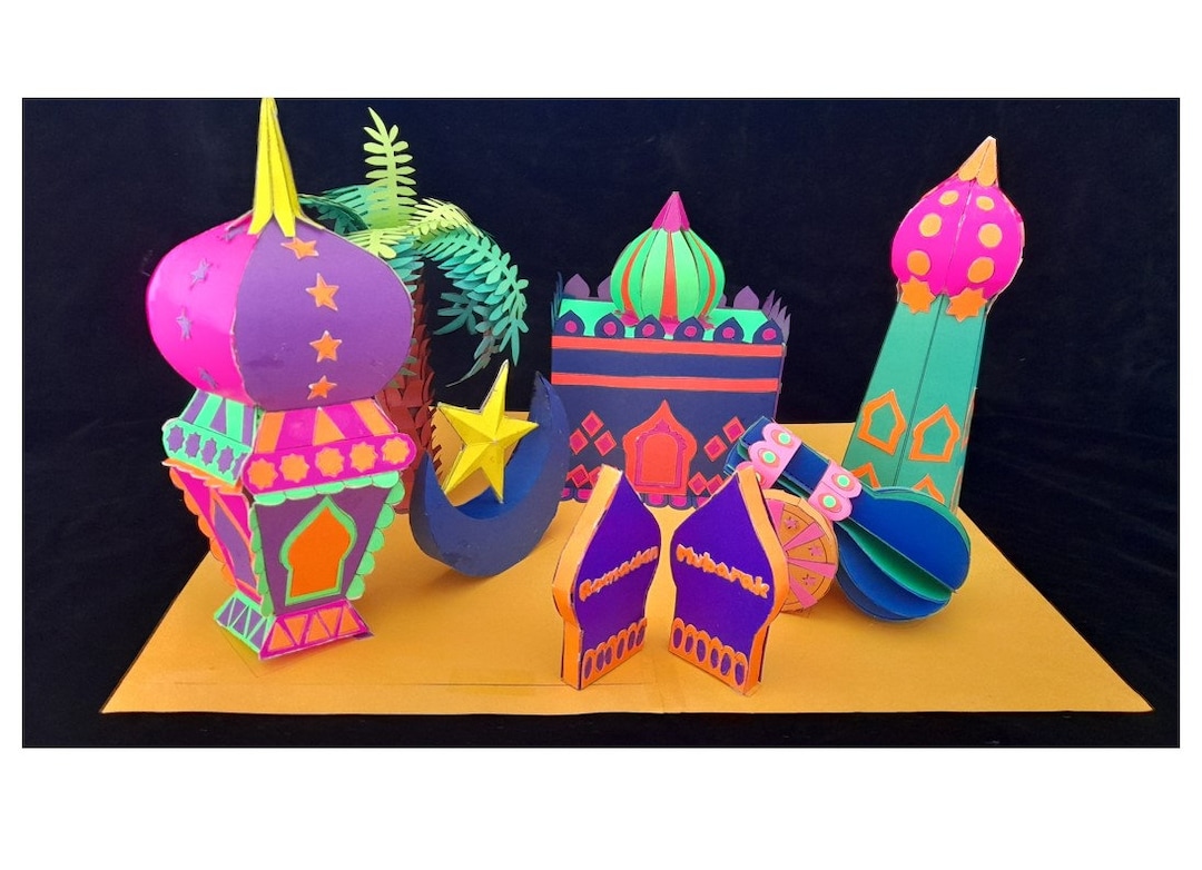 Ramadan 3D Paper Model Decoration Set B&W Templates Mosque With Minaret ...