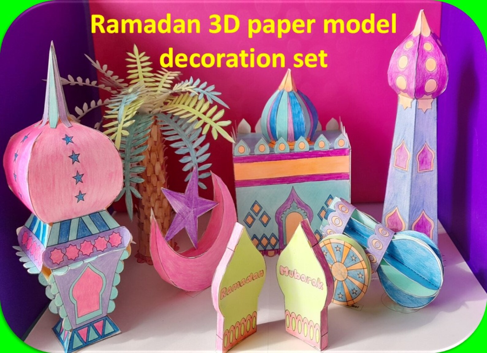 Ramadan 3D Paper Model Decoration Set B&W Templates Mosque With Minaret ...