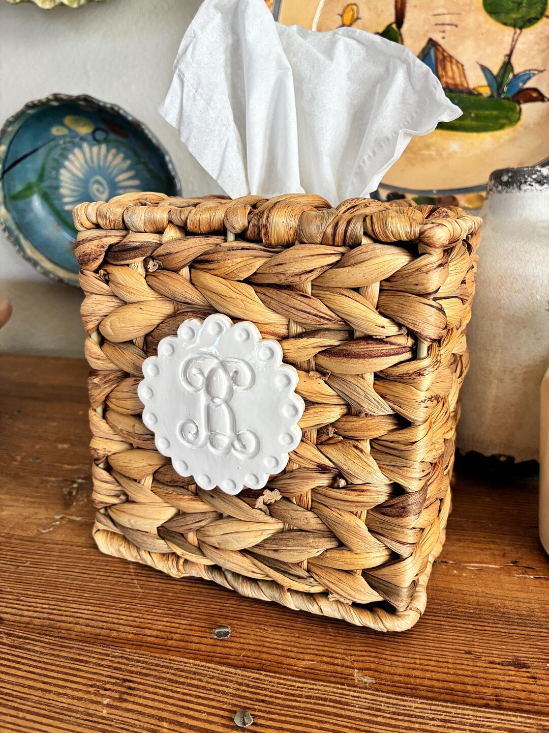 Custom Scalloped Edge Ceramic Initial Plaque Rattan Tissue Box Cover - Etsy