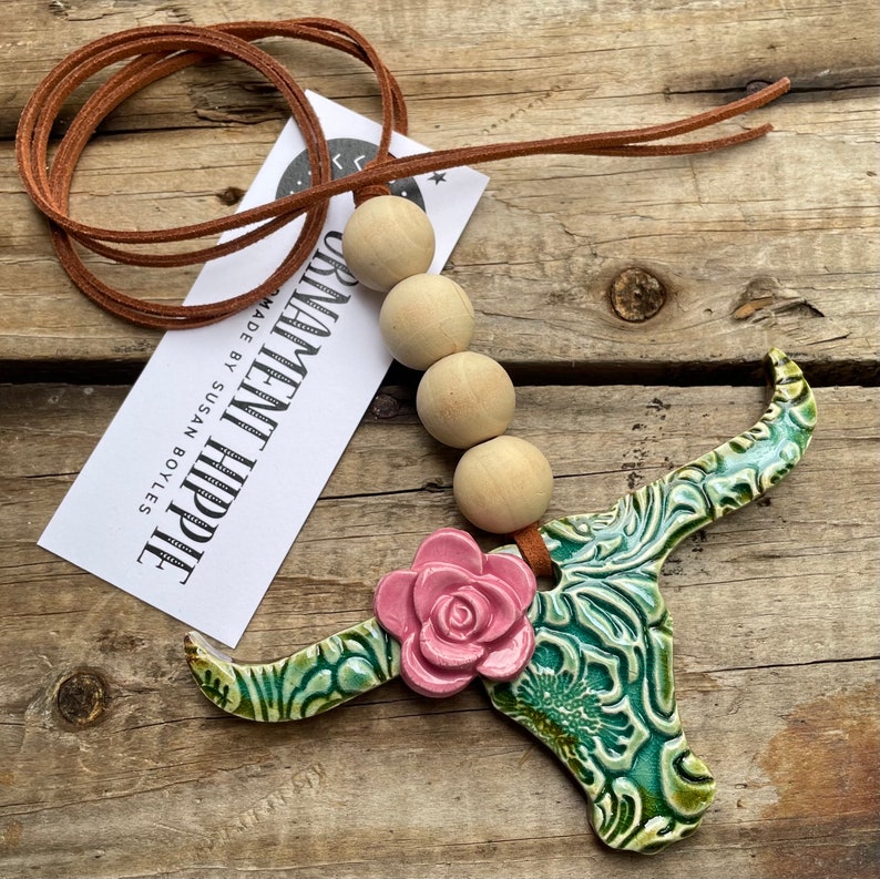 LOVELY LONGHORN W/ ROSE Car Charm... Handmade Ceramic Ornament by Susan ...