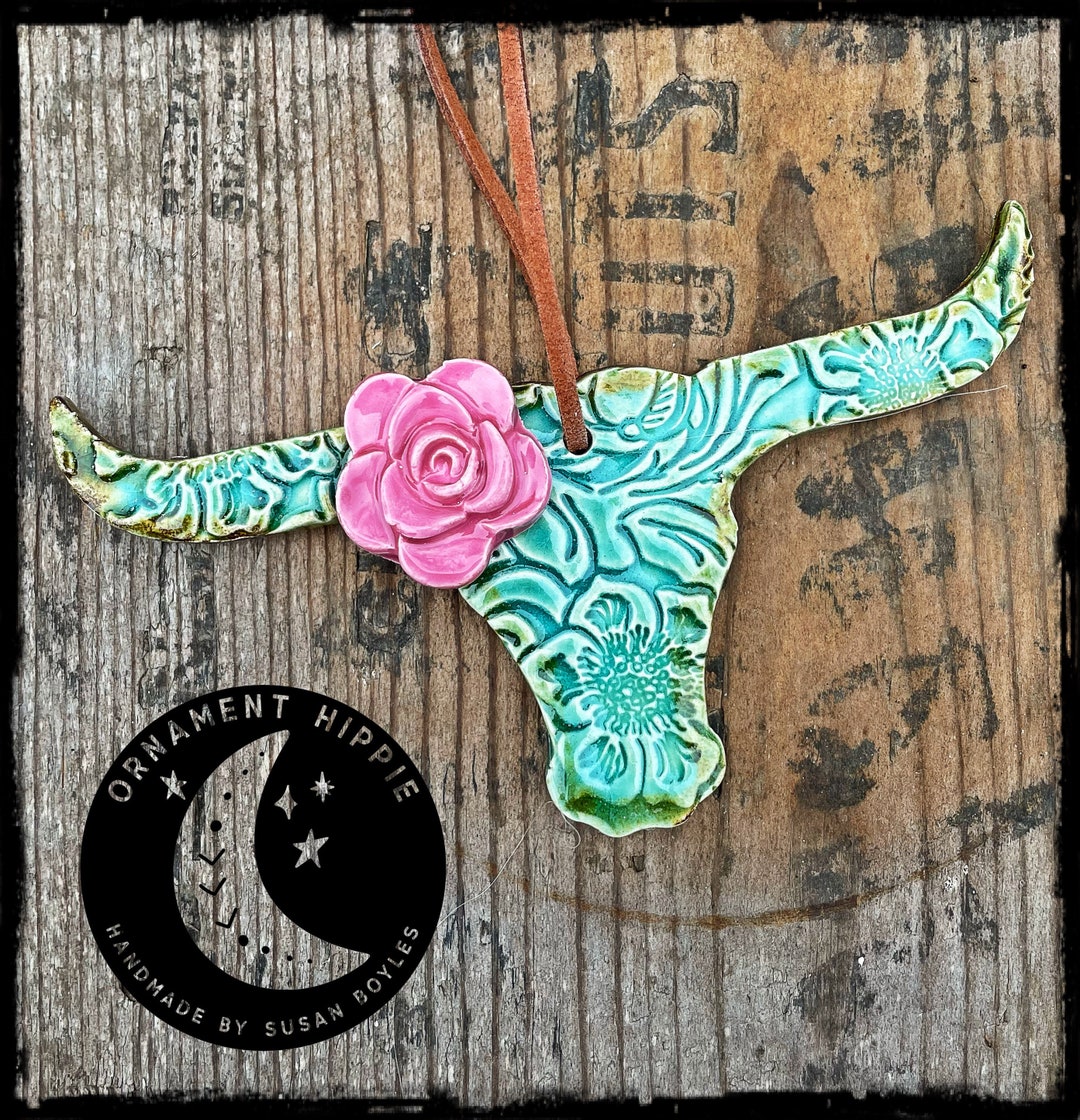 LOVELY LONGHORN W/ ROSE ... Handmade Ceramic Ornament by Susan Boyles ...