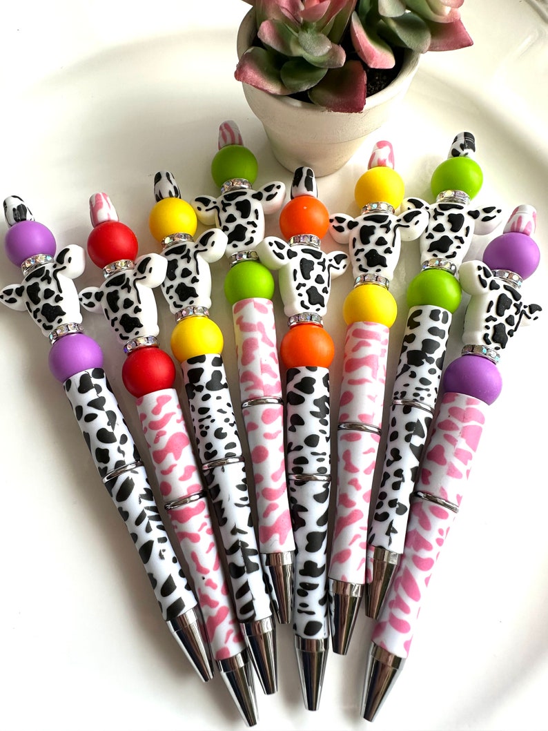 WHOLESALE COW PRINT Beaded Pens. 8 Pieces. Black Ink. Retractable. Cow ...