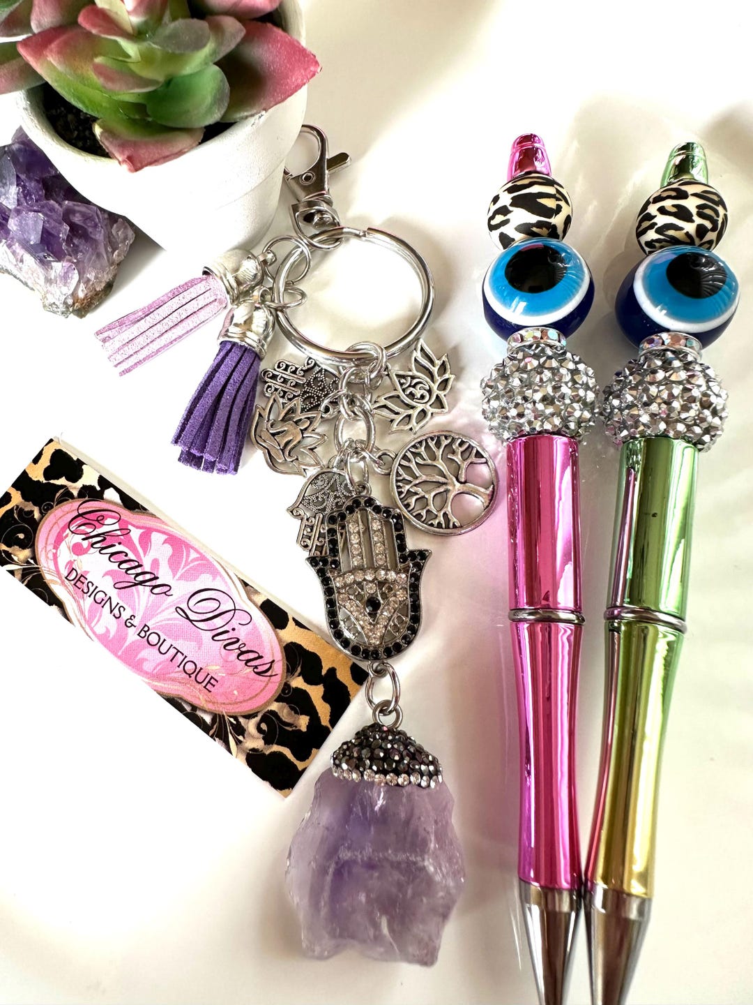 Amethyst Raw Stone Hamsa Hand Evil Eye Pens Set. 3 Pieces Set. Amulet ...