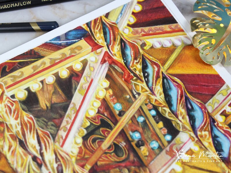 Fairground Carousel Horses Original Fine Art Hand-made Drawing, Merry ...