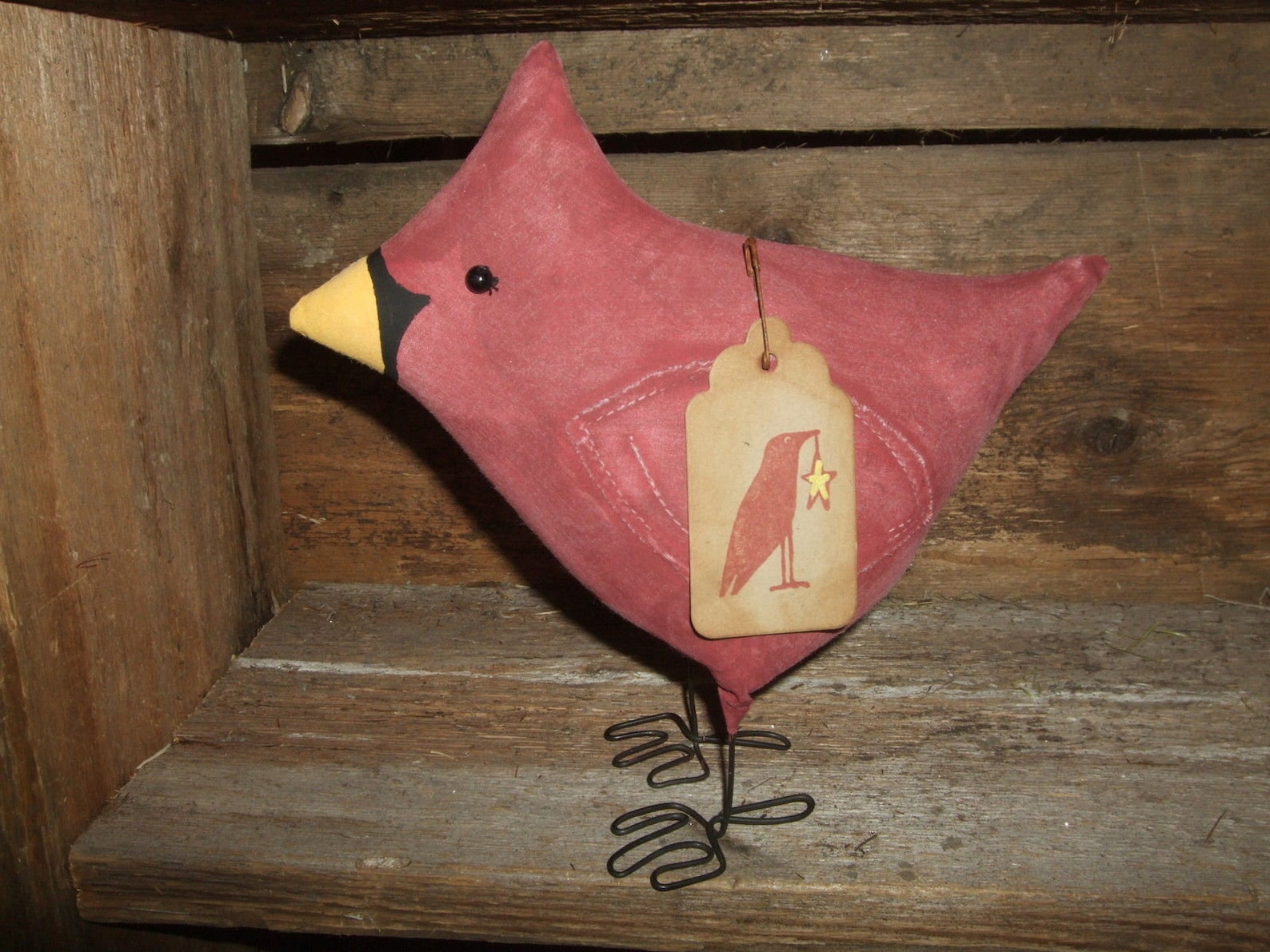 Primitive Fat Lil Red CARDINAL Bird Summer Folk Art Free Standing Ornie ...