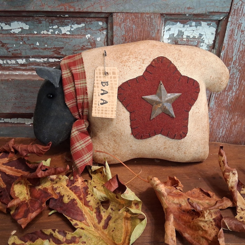 Primitive Grungy Sheep Lamb RED Homespun Stump Doll Red Wool Shelf ...
