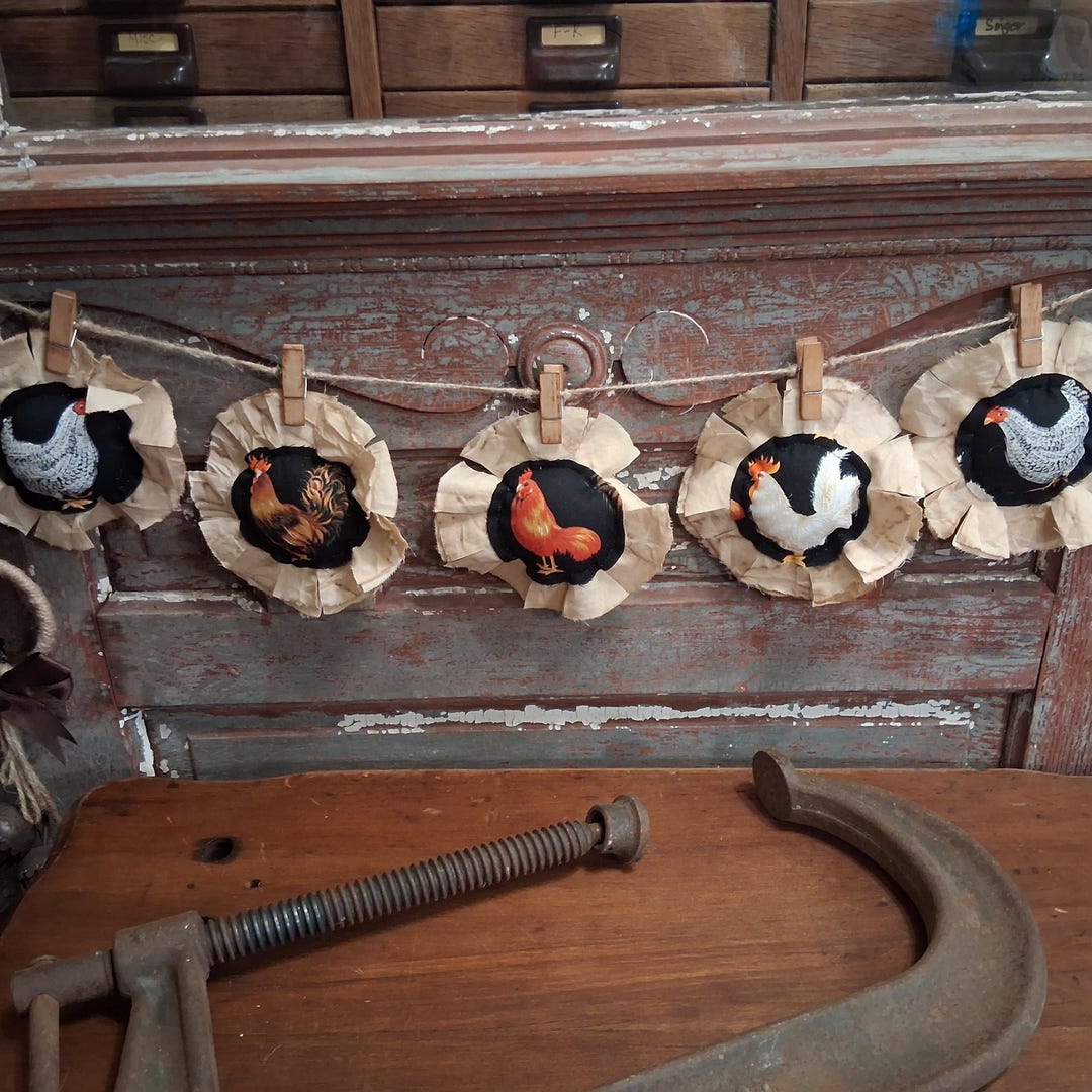 Primitive CHICKENS Sunflower Bunting Banner Rustic Country Farmhouse ...