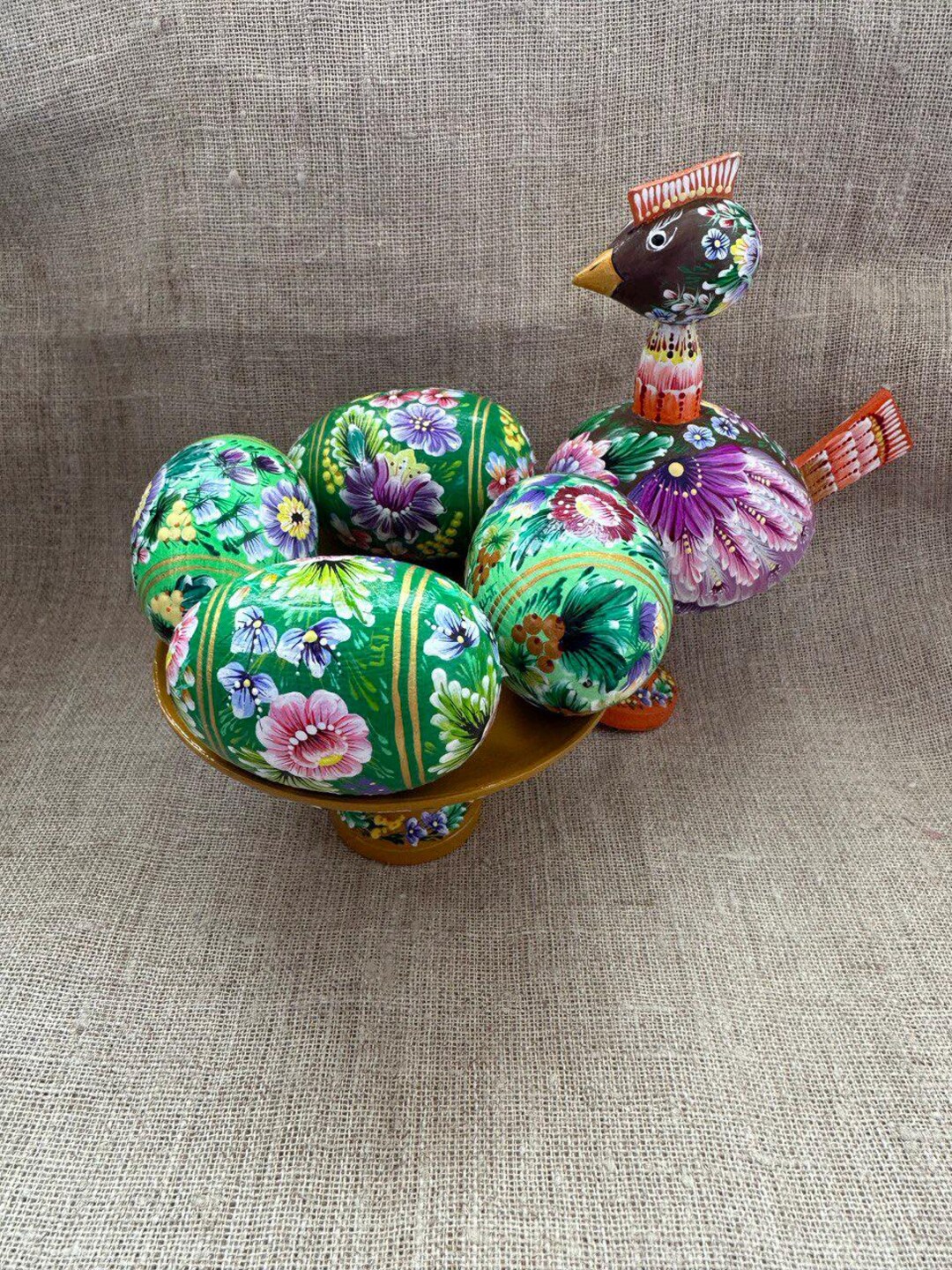 Wooden Set Chicken With 4 Eggs & Plate Handmade Handpainted Petrikivka ...